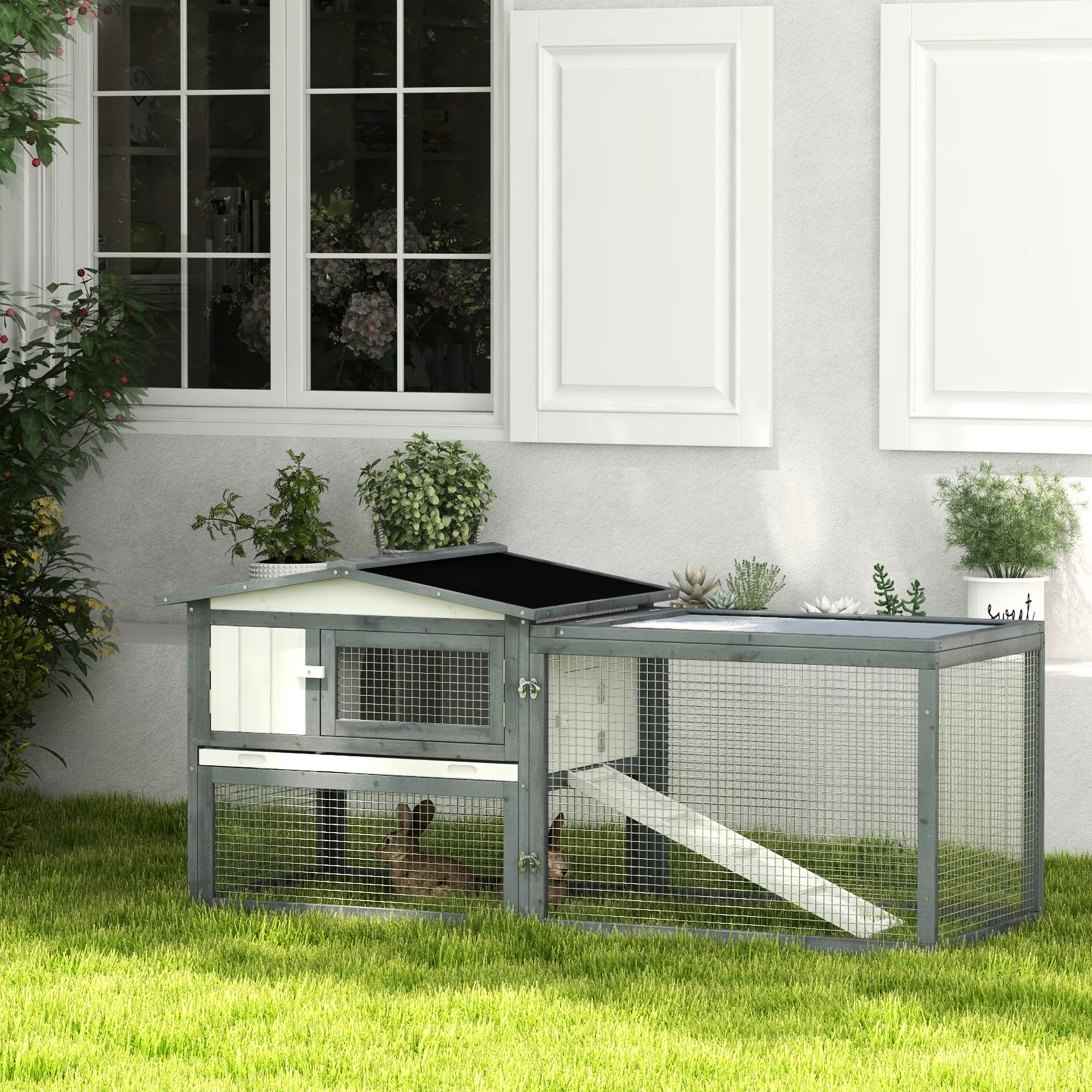 Tucker Murphy Pet™ Spacious 2 Rabbit Outdoor, 61.4" L Wooden Cage With Run, Feeding Trough ...